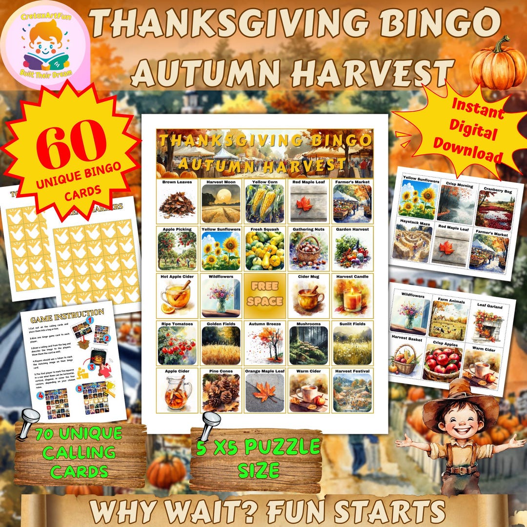 Printable Thanksgiving Bingo Game, 60 Unique Cards, Autumn Harvest ...