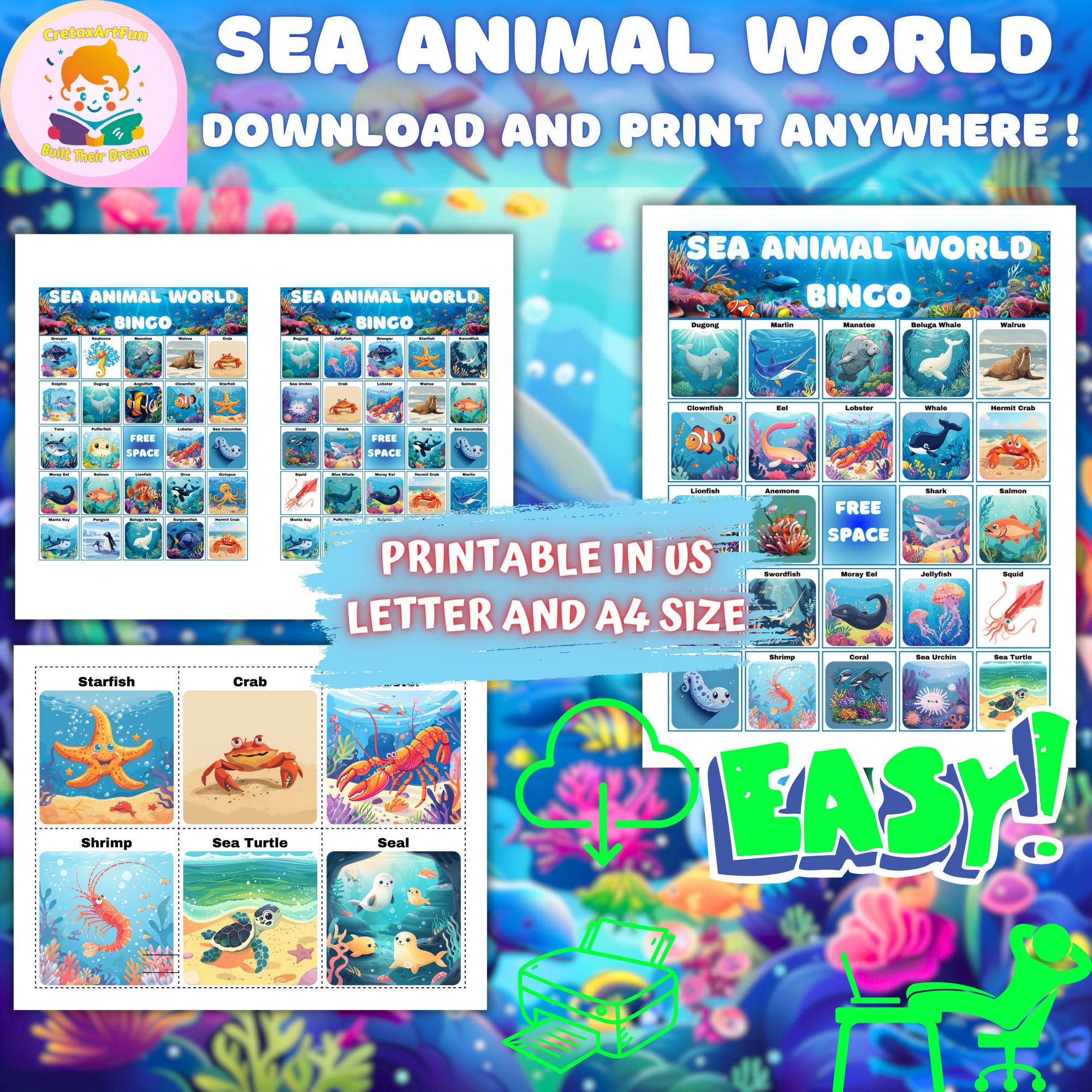 Printable Sea Animal Bingo Game, 35 Unique Bingo, Educational Fun for ...