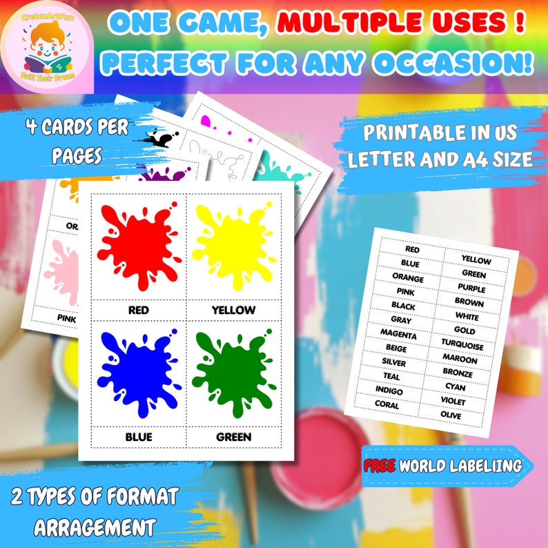 Printable Montessori Flash Card, 36 Colors Flash Card & Practice Sheet ...