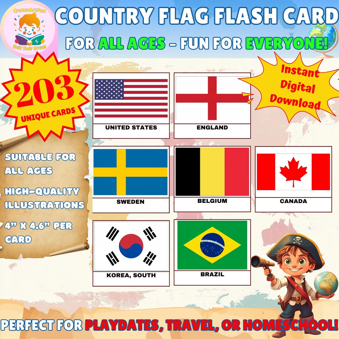 Country Flag Flashcard for Kid, 203 Printable Card, Geography Learning ...