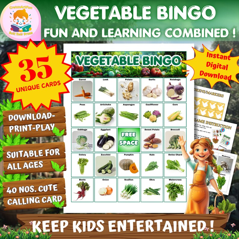 Printable Vegetable Bingo Game, 35 Unique Bingo, Educational Game for ...