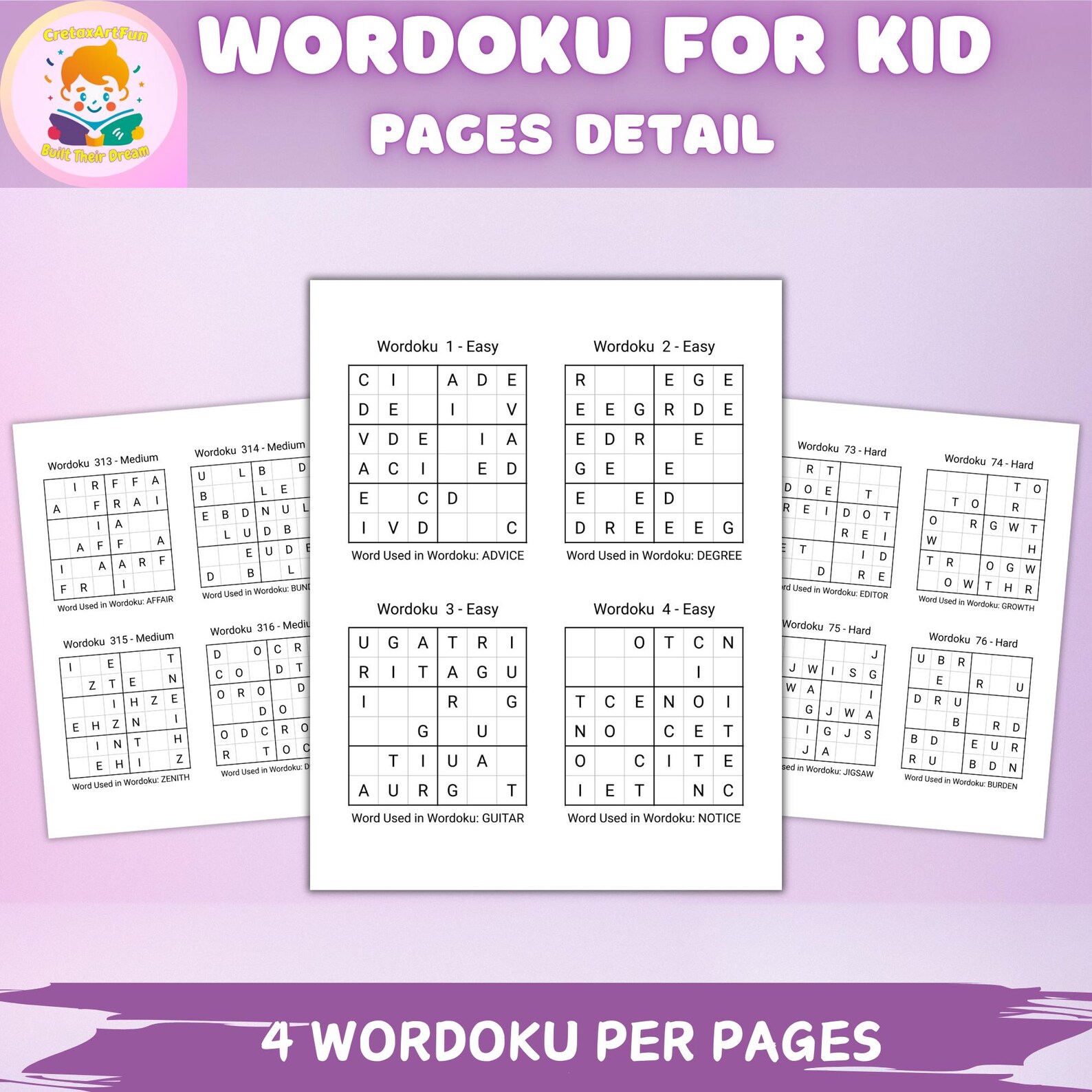 Printable Wordoku 6x6 for Kid, 1500 Puzzle With Solution, Easy, Medium ...