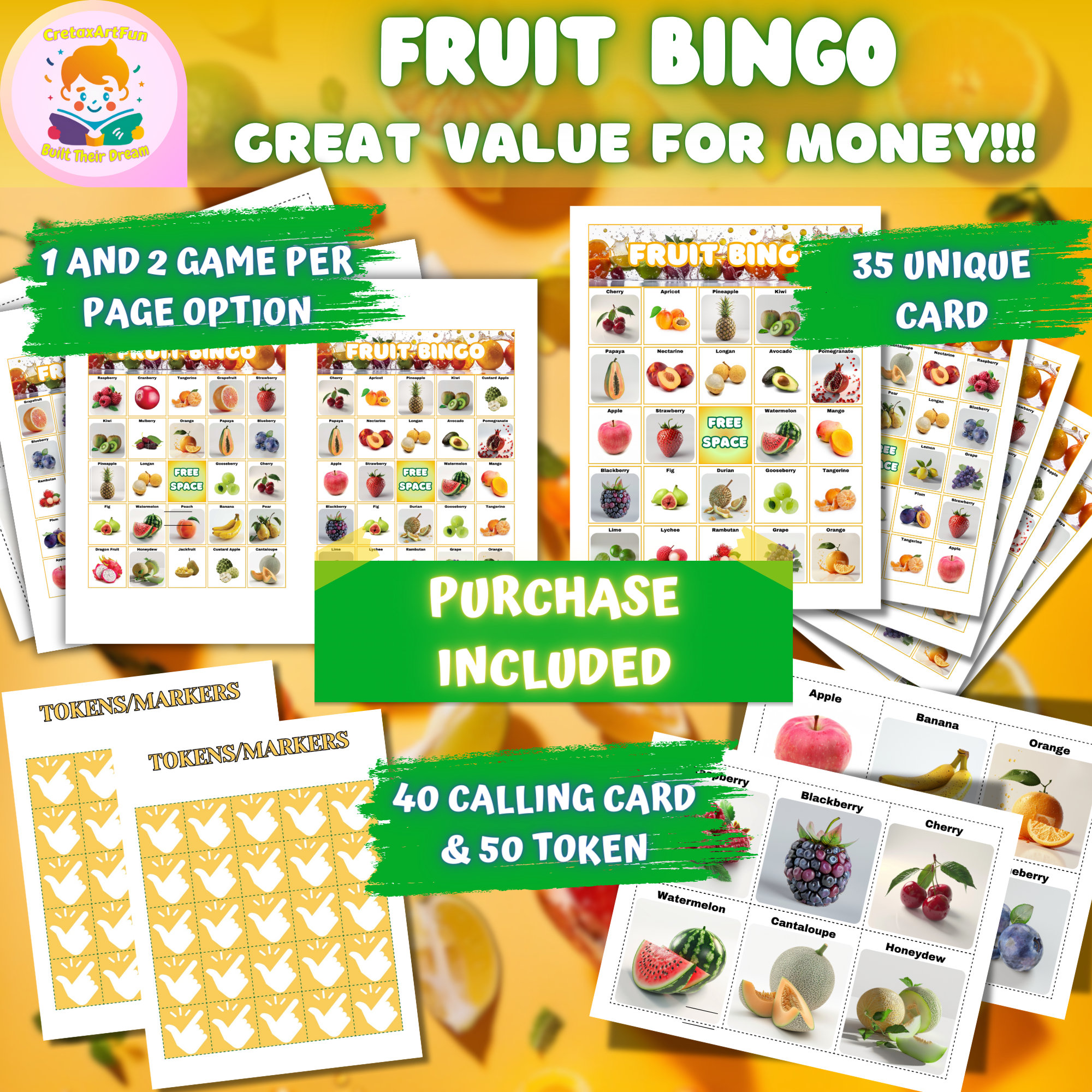 Printable Fruit Bingo Game, 35 Unique Bingo Card, Educational Game, Kid ...