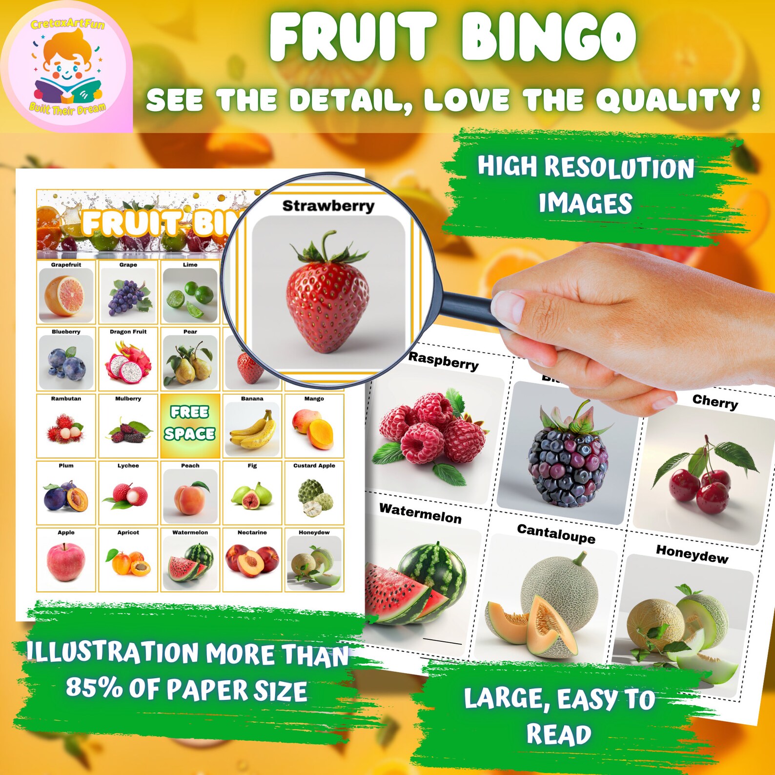 Printable Fruit Bingo Game, 35 Unique Bingo Card, Educational Game, Kid ...