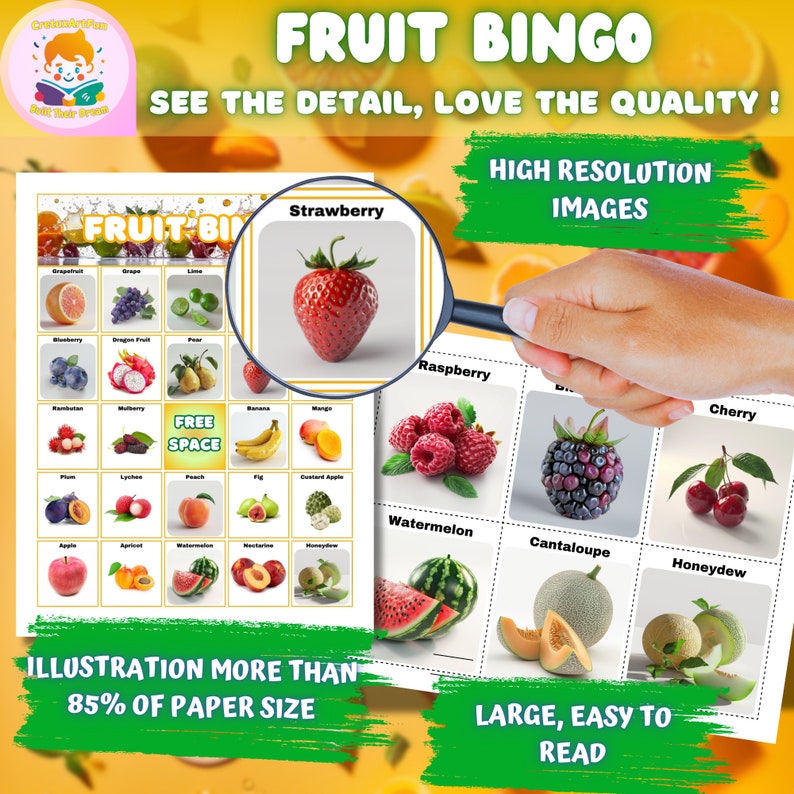 Printable Fruit Bingo Game, 35 Unique Bingo Card, Educational Game, Kid ...