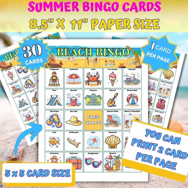 Summer Beach Bingo Game for Kid | 30 Bingo Card | 40 Calling Card ...