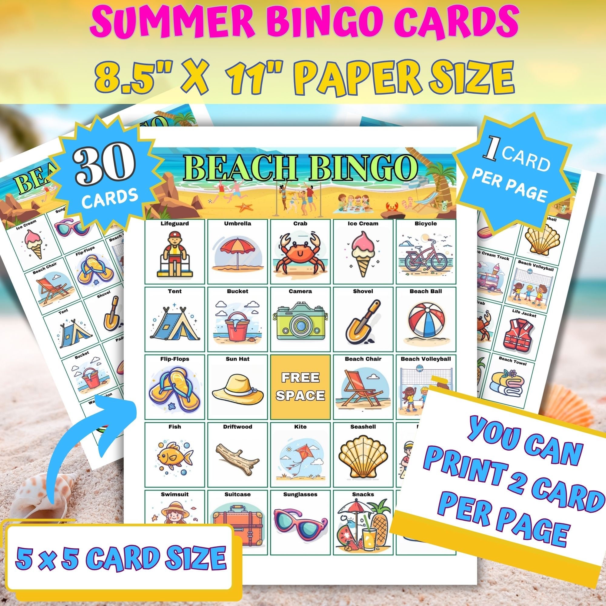 Summer Beach Bingo Game for Kid | 30 Bingo Card | 40 Calling Card ...
