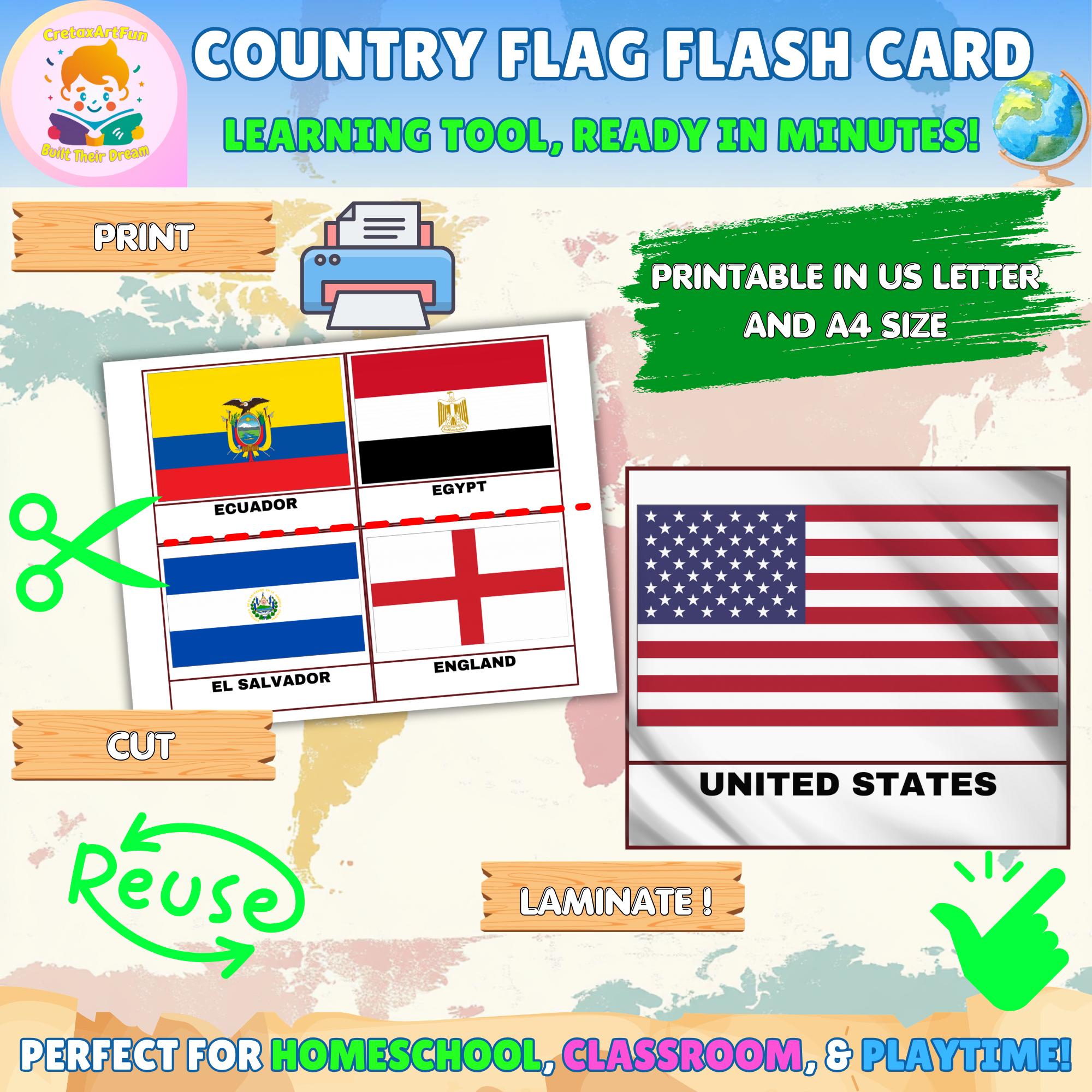 Country Flag Flashcard for Kid, 203 Printable Card, Geography Learning ...