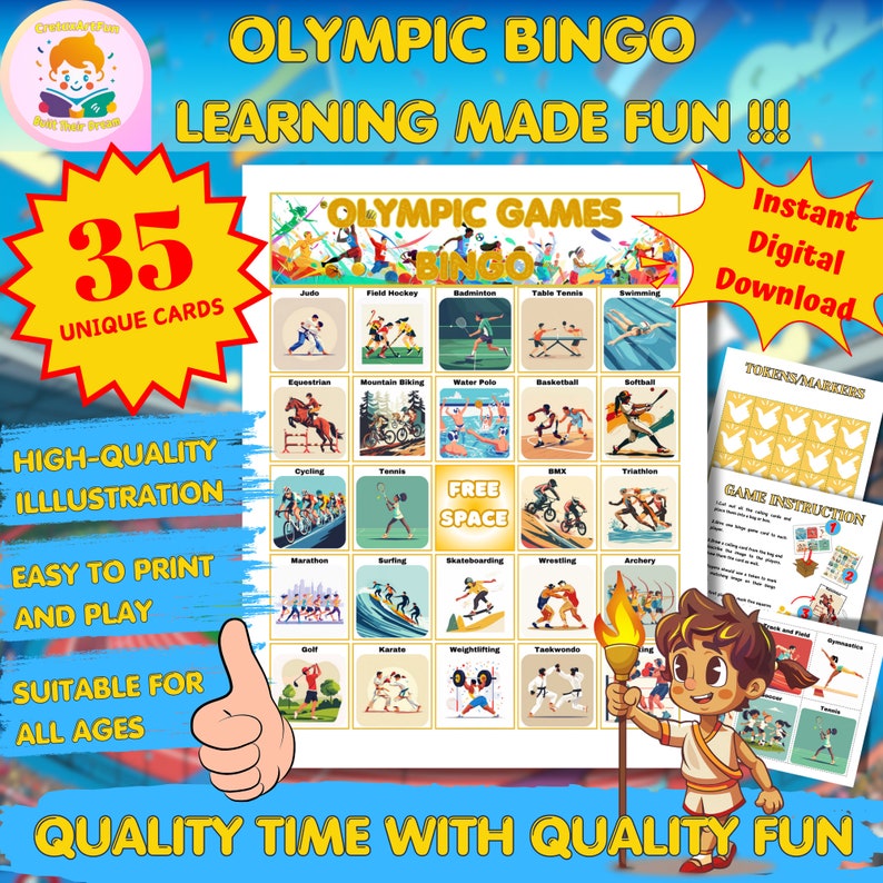 Printable Olympic Bingo Game, 35 Unique Bingo Card, Educational ...