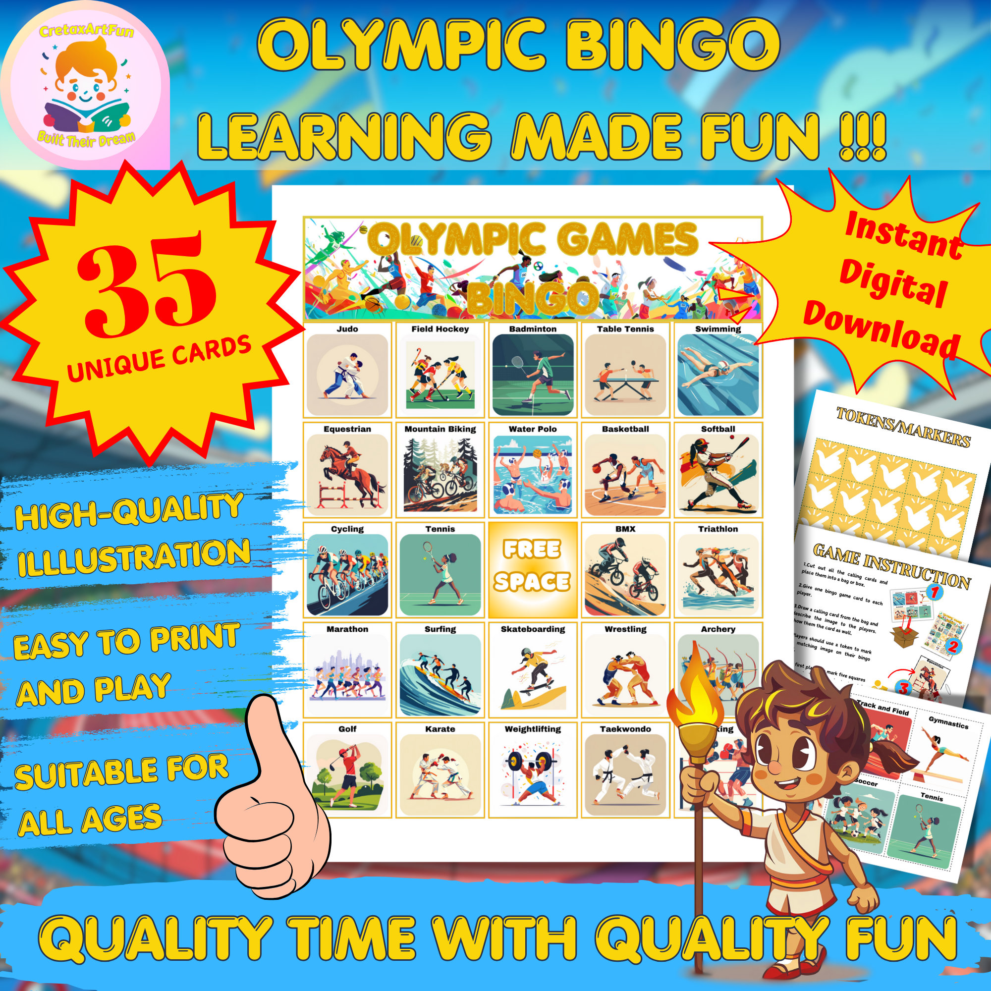 Printable Olympic Bingo Game, 35 Unique Bingo Card, Educational ...
