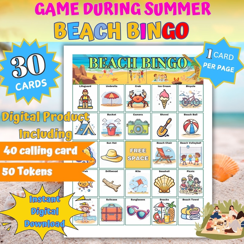 Summer Beach Bingo Game for Kid | 30 Bingo Card | 40 Calling Card ...