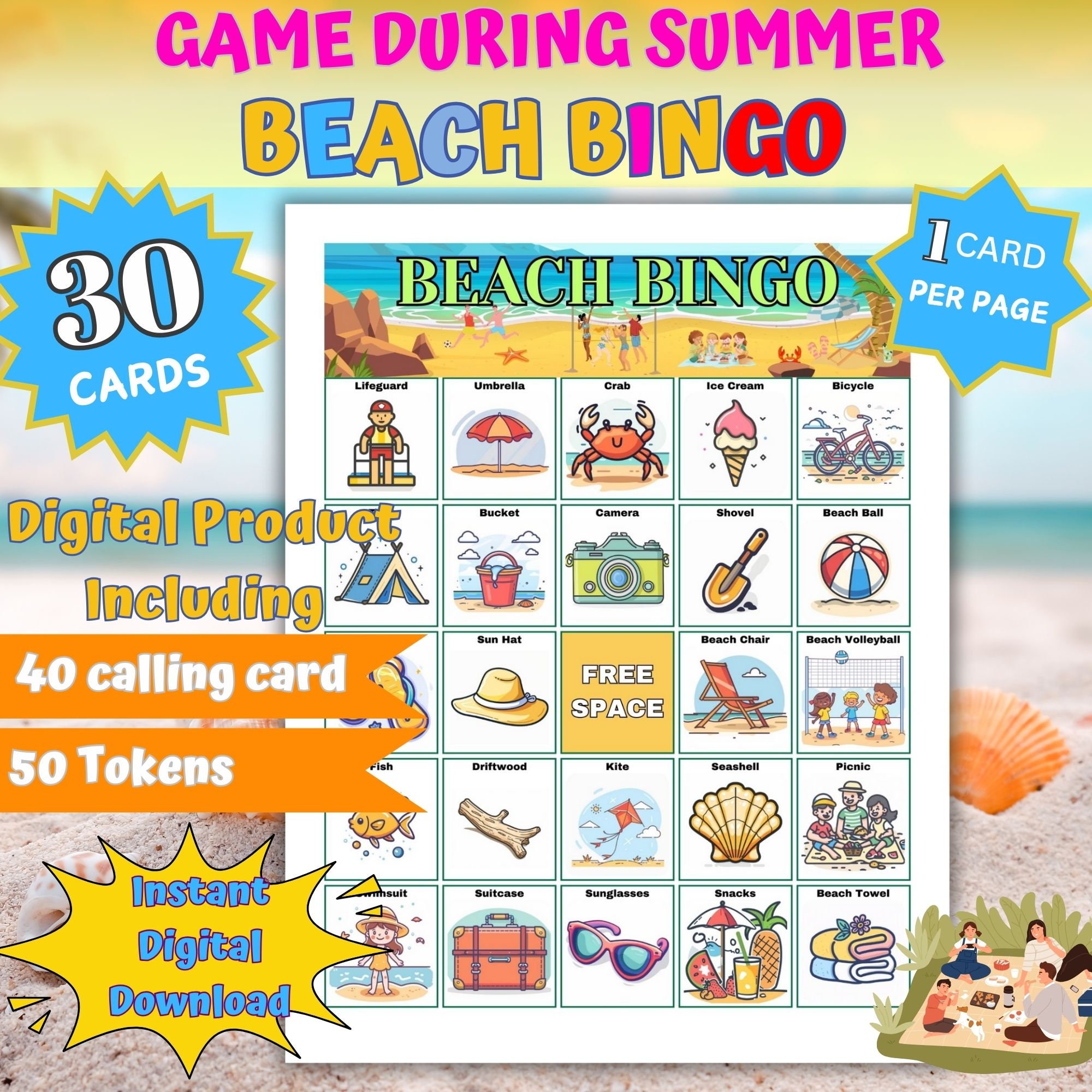 Summer Beach Bingo Game for Kid | 30 Bingo Card | 40 Calling Card ...