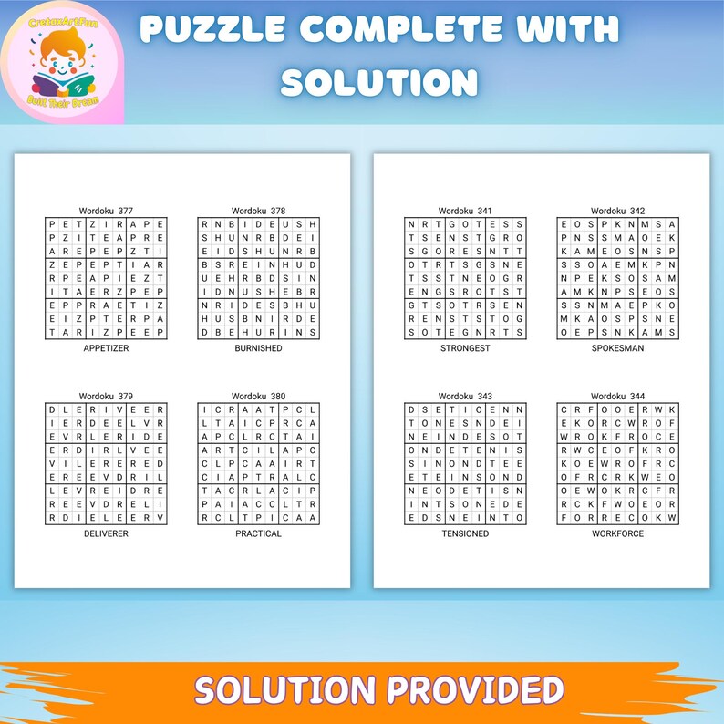 Printable Wordoku 9x9 for Kid, 1800 Puzzle With Solution, Easy, Medium ...