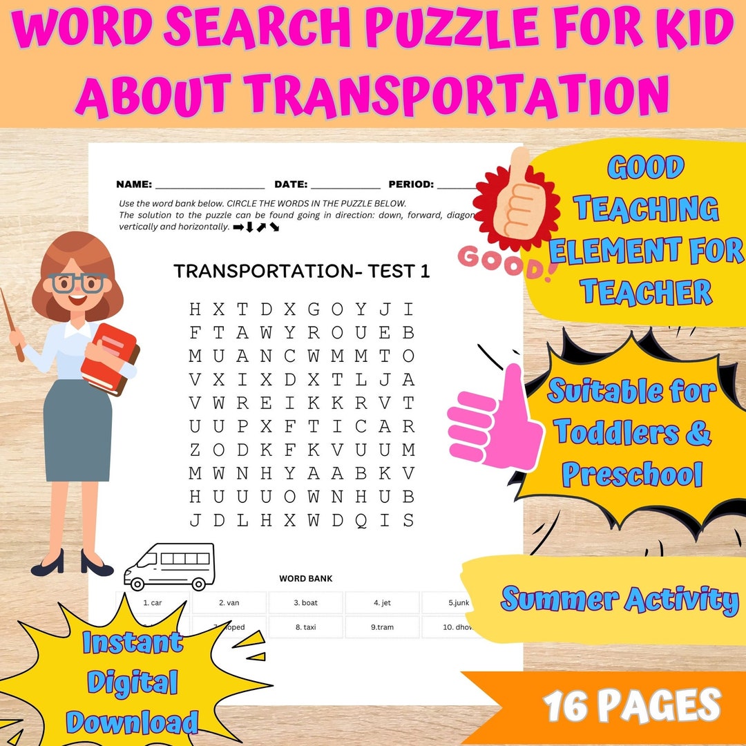 Transportation Word Search Puzzle | Page Design for Kid Ages 3-8 | 130 ...