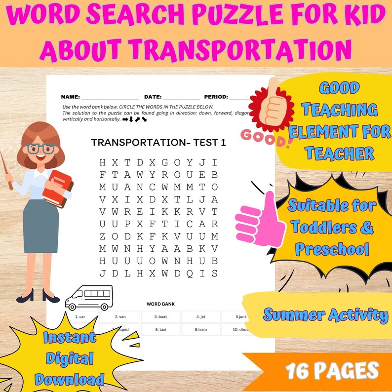 Transportation Word Search Puzzle | Page Design for Kid Ages 3-8 | 130 ...