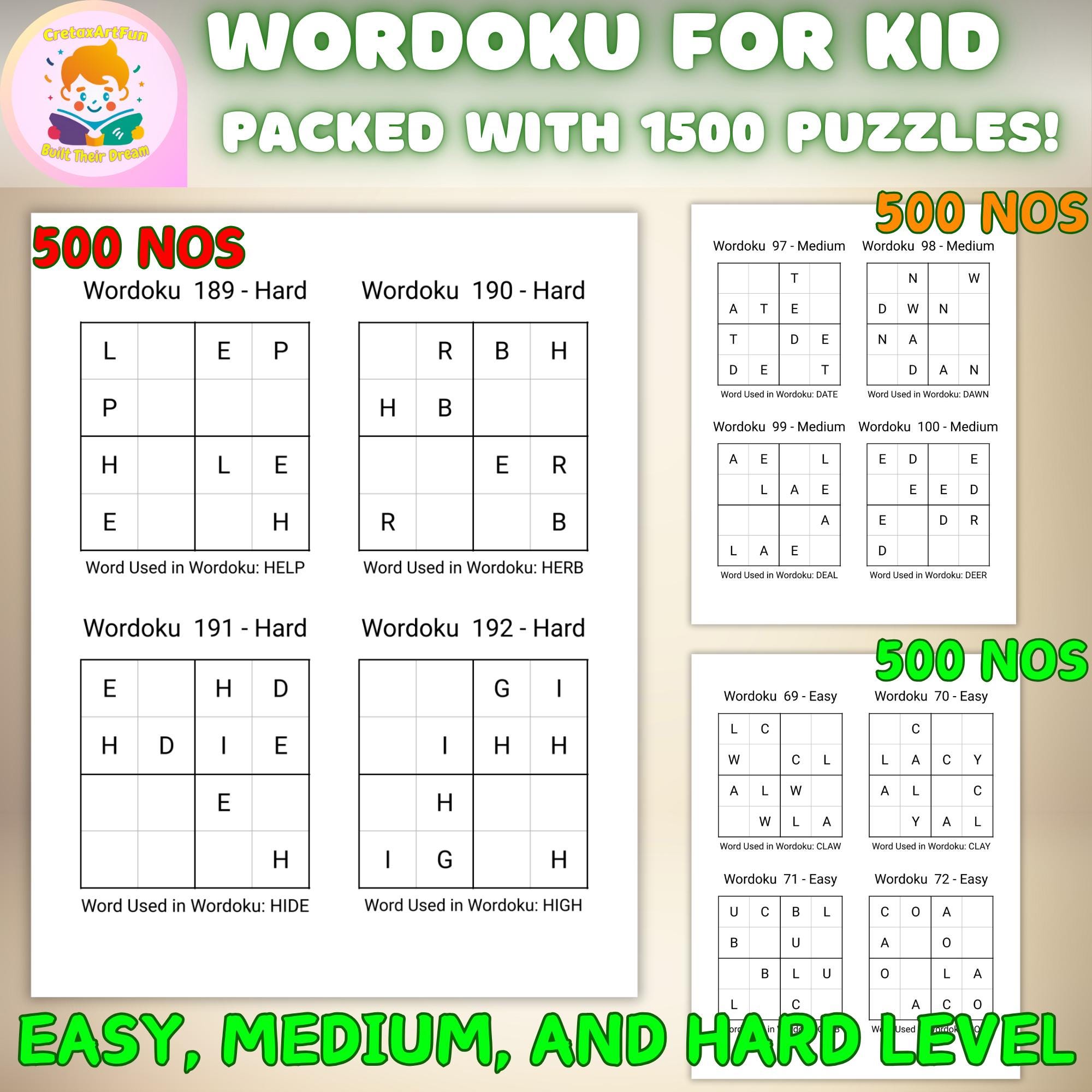 Printable Wordoku 4x4 for Kid | 1500 Puzzles With Solutions | Easy ...