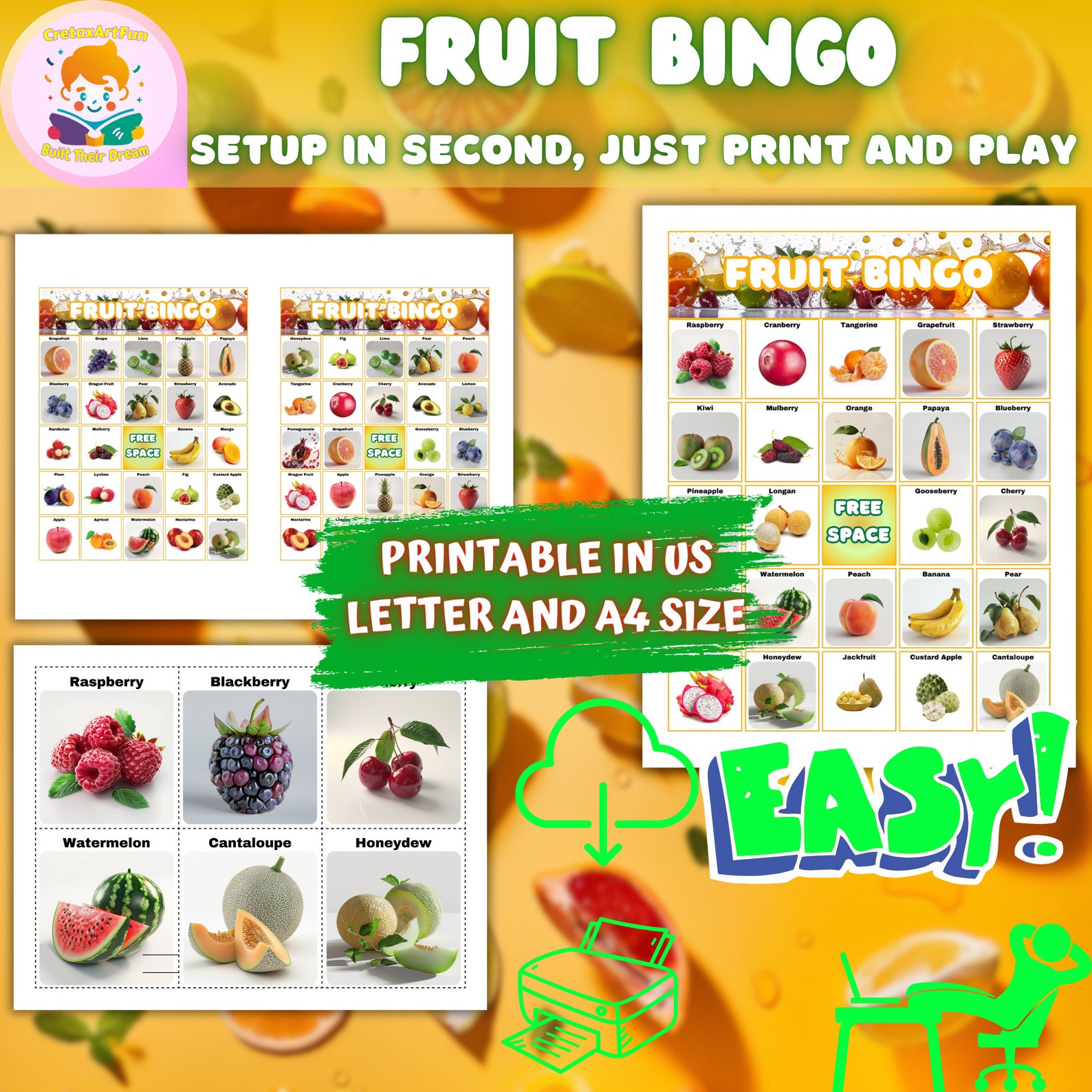 Printable Fruit Bingo Game, 35 Unique Bingo Card, Educational Game, Kid ...