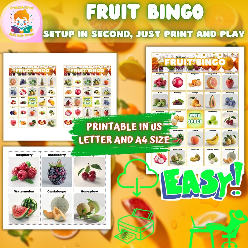Printable Fruit Bingo Game, 35 Unique Bingo Card, Educational Game, Kid ...