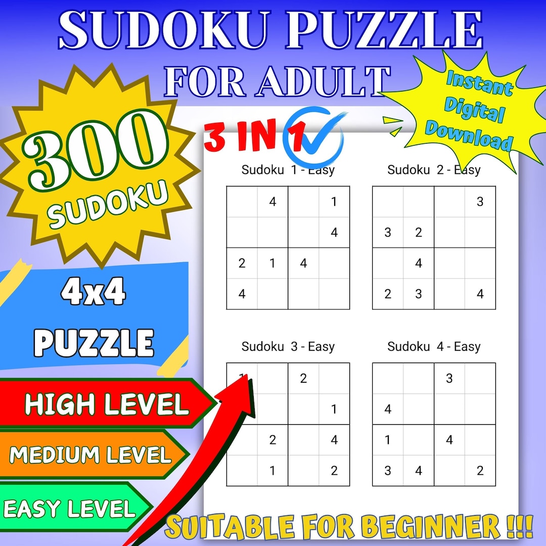 300 Sudoku Puzzles 4x4 for Adult | Easy, Medium, Hard Level | Brain ...