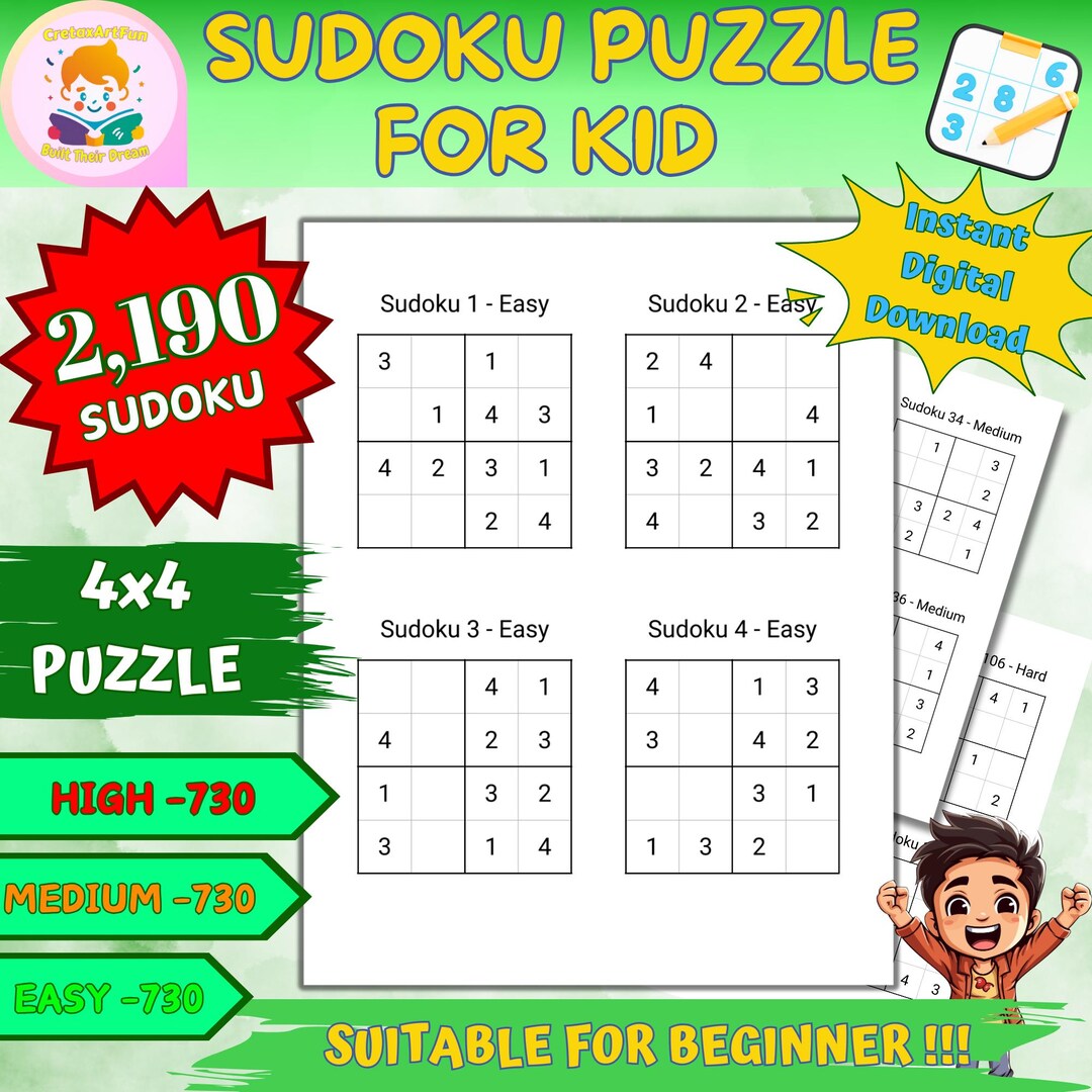 Printable Sudoku 4x4 for Kid, 2190 Puzzles With Solutions, Easy, Medium ...