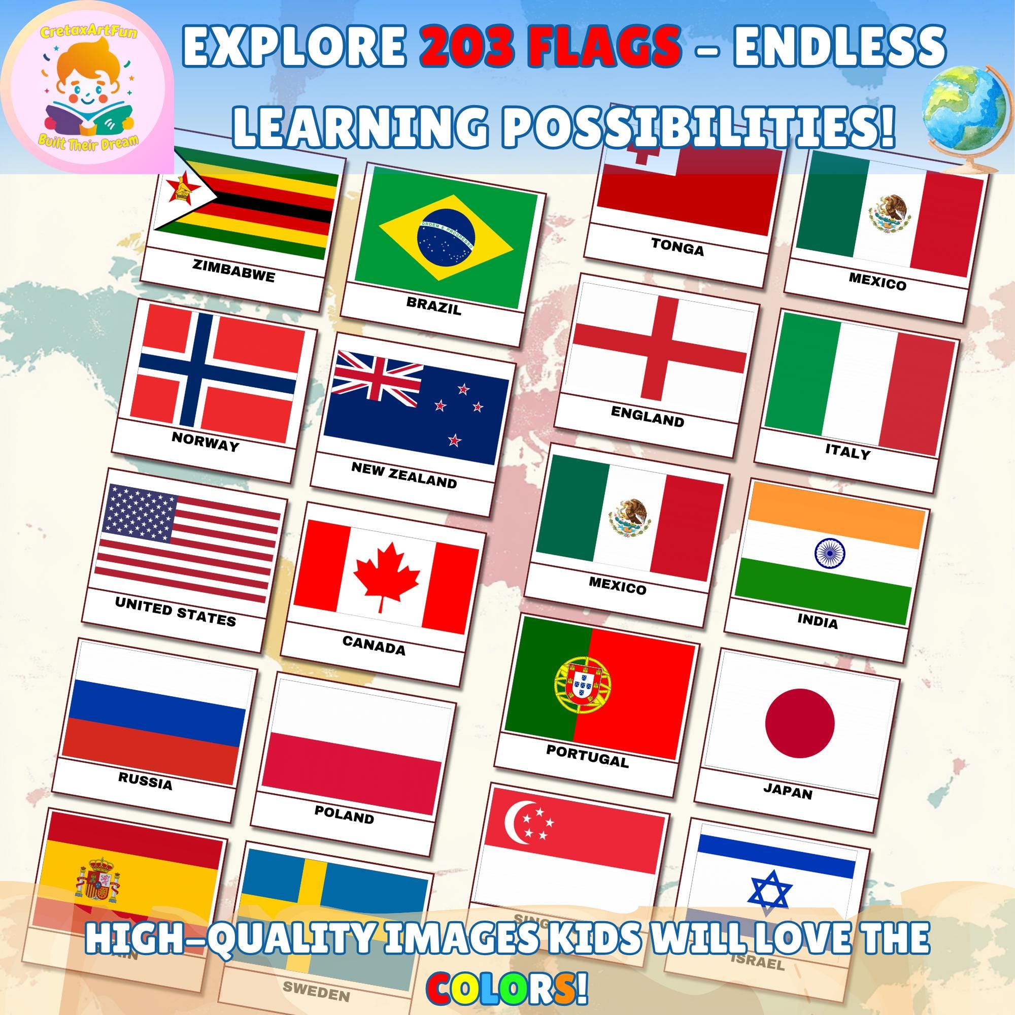 Country Flag Flashcard for Kid, 203 Printable Card, Geography Learning ...