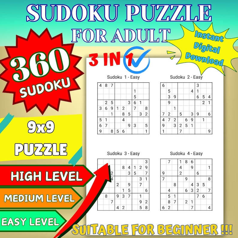 360 Challenging 9x9 Sudoku Puzzles for Adults | Easy, Medium, Hard ...