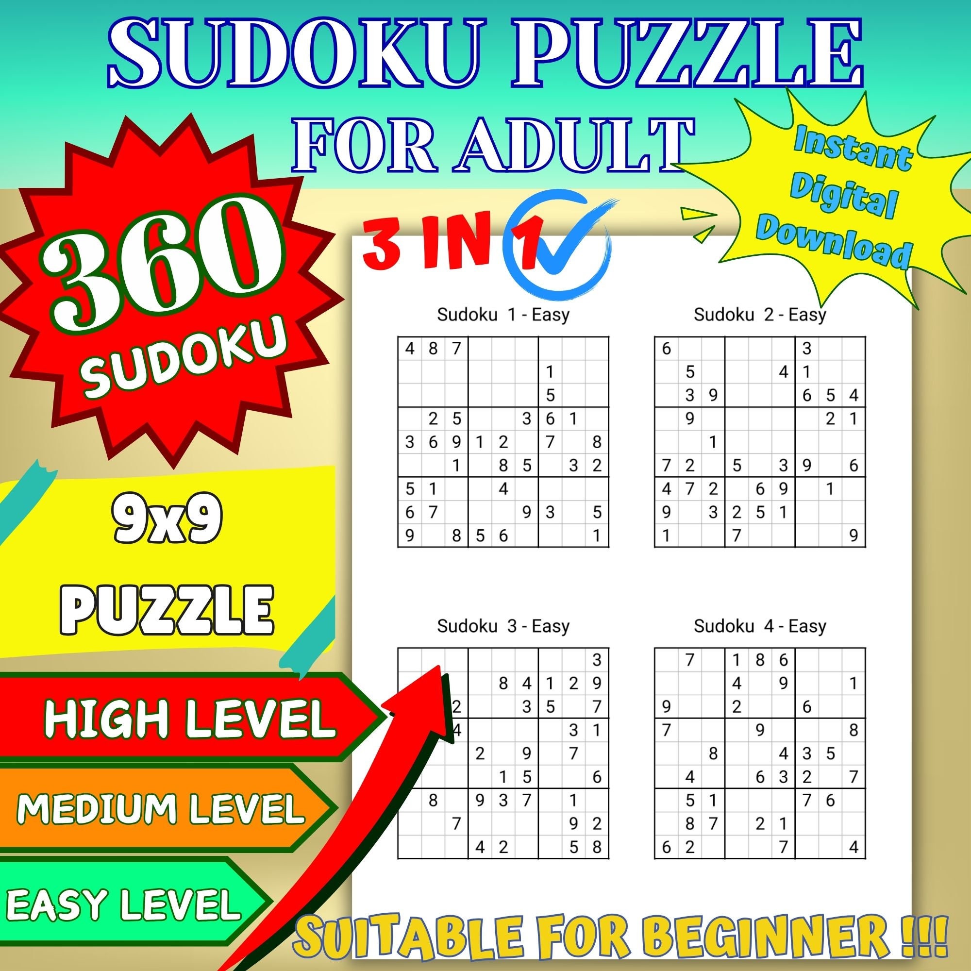 360 Challenging 9x9 Sudoku Puzzles for Adults | Easy, Medium, Hard ...