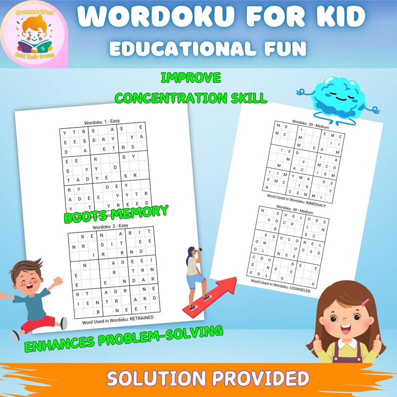 Printable Wordoku 9x9 for Kid, 1800 Puzzle With Solution, Easy, Medium ...