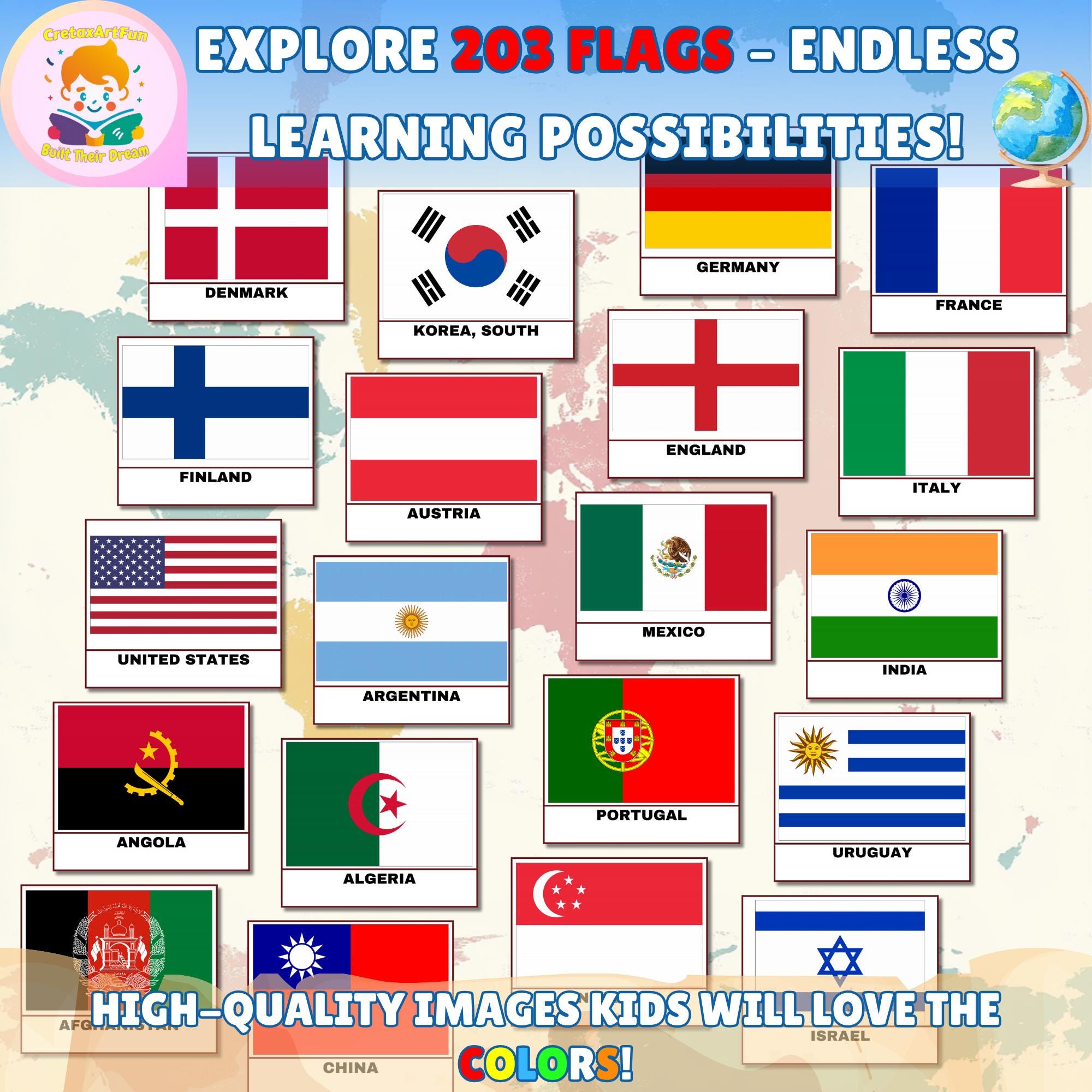 Country Flag Flashcard for Kid, 203 Printable Card, Geography Learning ...