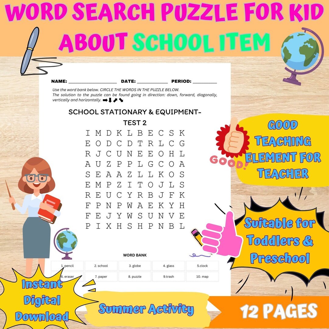 Printable School Equipment Word Search Puzzle for Kids | 100 Words in ...
