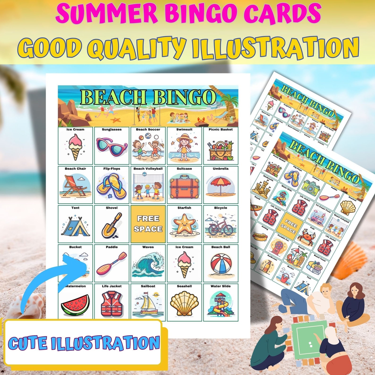 Summer Beach Bingo Game for Kid | 30 Bingo Card | 40 Calling Card ...