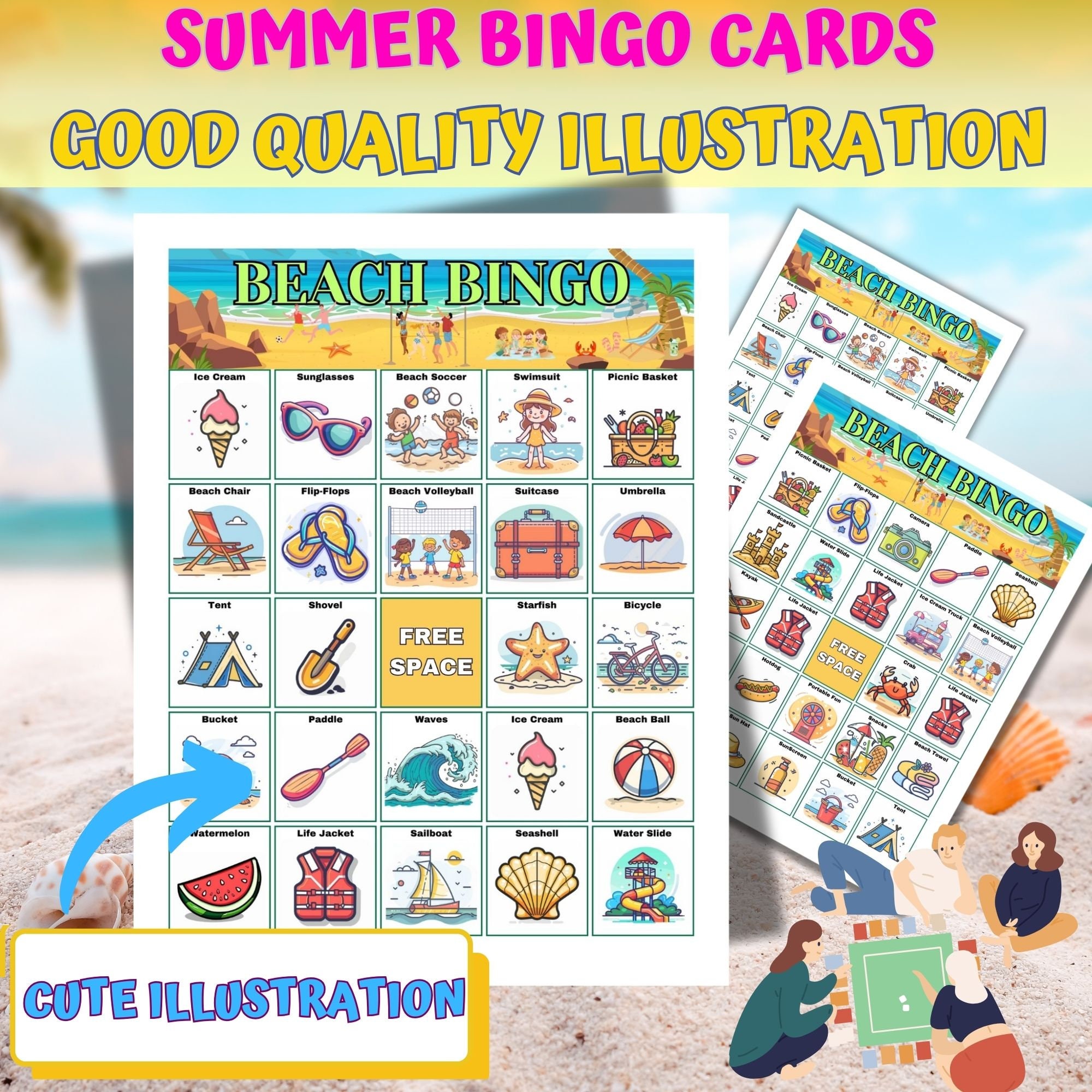 Summer Beach Bingo Game for Kid | 30 Bingo Card | 40 Calling Card ...