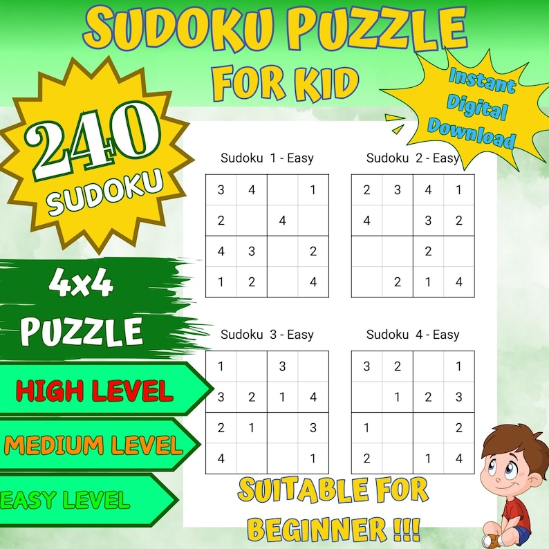 240 4x4 Sudoku Puzzles for Kid | Easy, Medium, Hard Level | Educational ...