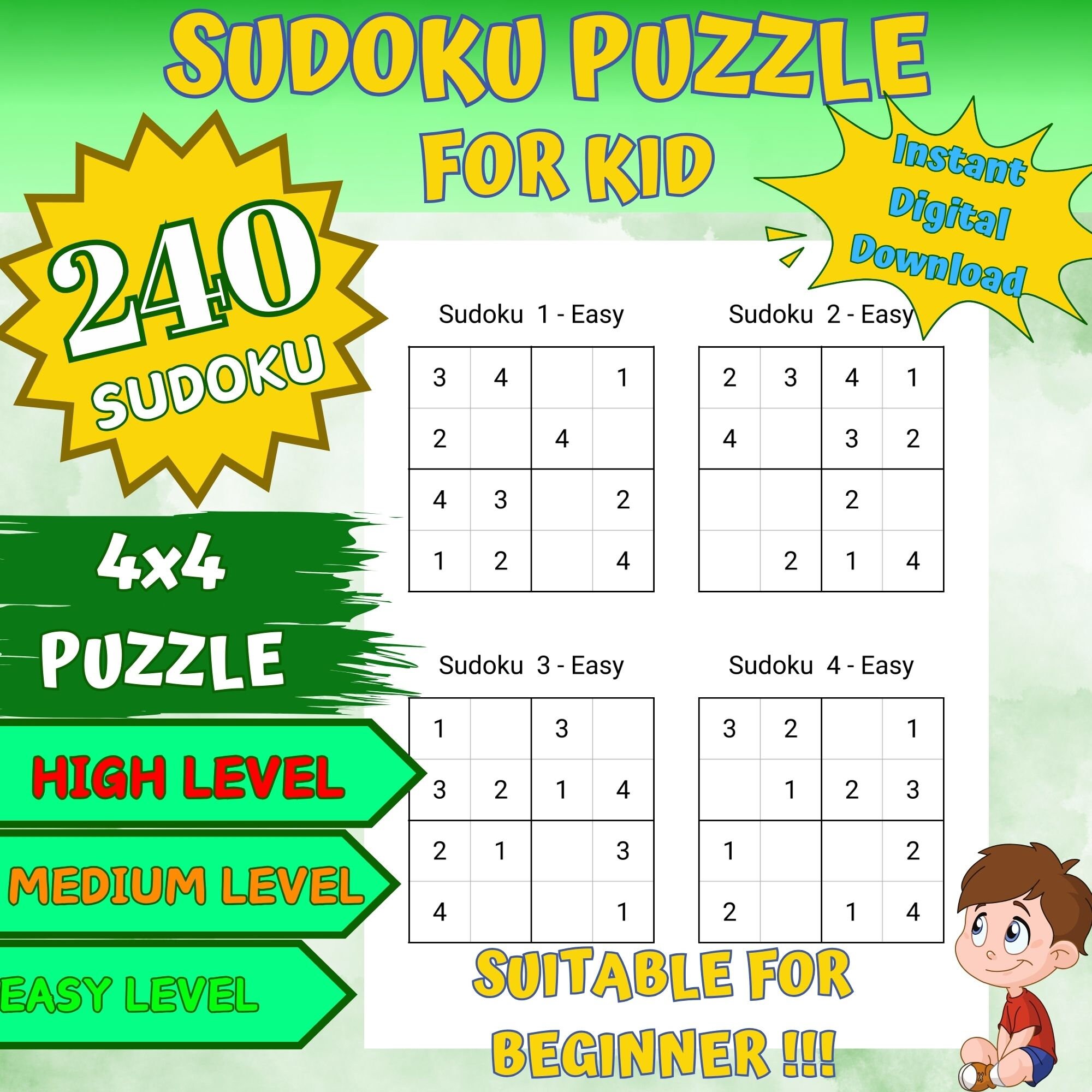 240 4x4 Sudoku Puzzles for Kid | Easy, Medium, Hard Level | Educational ...