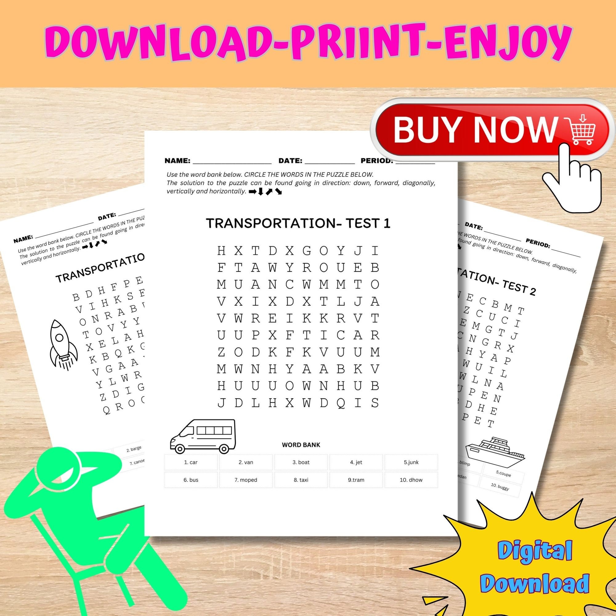 Transportation Word Search Puzzle Page Design for Kid Ages 3-8 130 ...