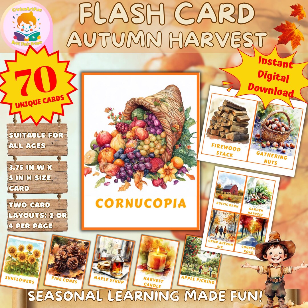 Autumn Harvest Flash Card, 70 Unique Printable Educational Card ...