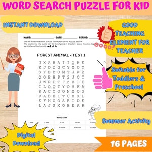 Forest Animal Word Search Puzzle | Preschool and Kid Learning Fun ...