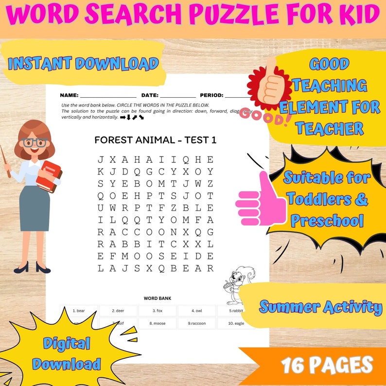 Forest Animal Word Search Puzzle | Preschool and Kid Learning Fun ...