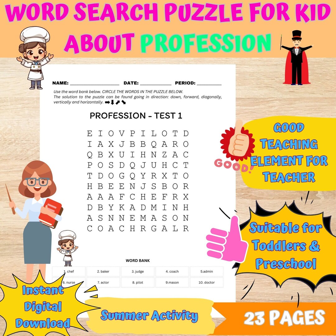 Profession-themed Word Search Puzzles for Kid | 200 Words in Puzzle ...