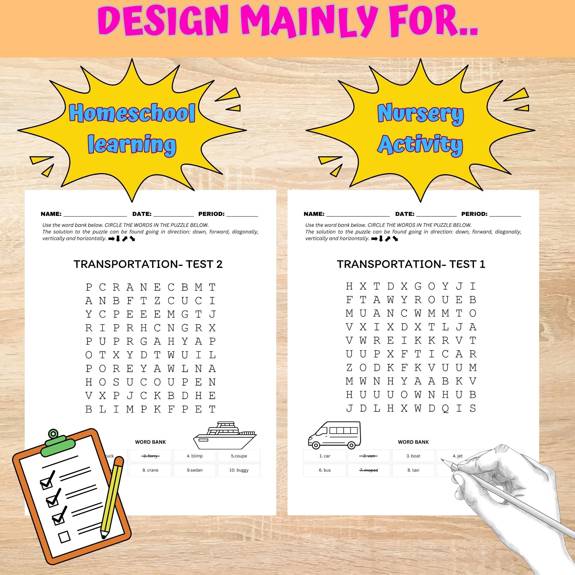 Transportation Word Search Puzzle Page Design for Kid Ages 3-8 130 ...