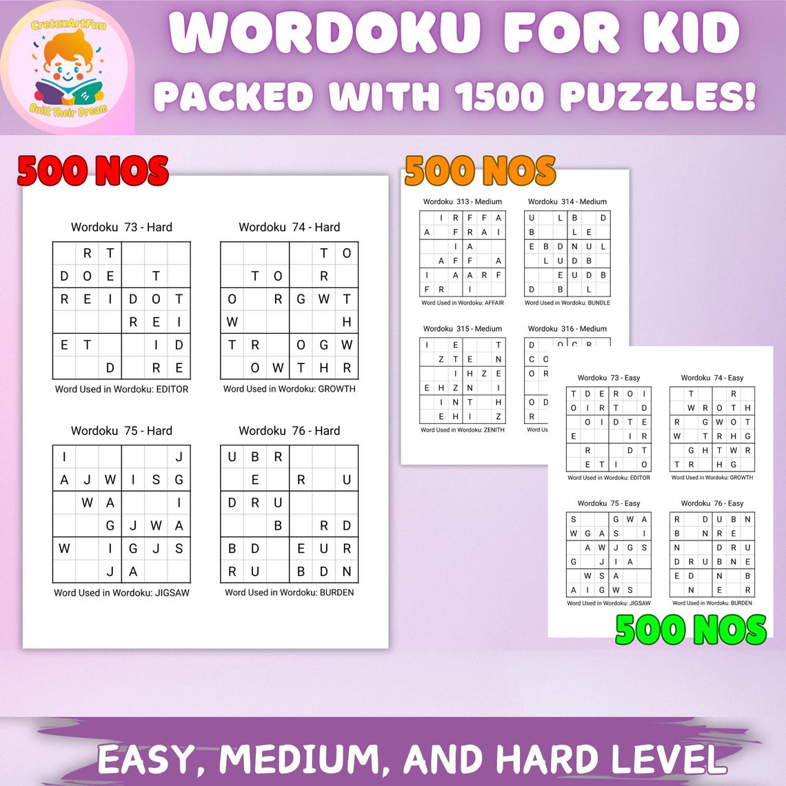 Printable Wordoku 6x6 for Kid, 1500 Puzzle With Solution, Easy, Medium ...