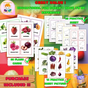 Printable Montessori Flash Card, 80 Fruit Flash Card & Practice Sheet ...