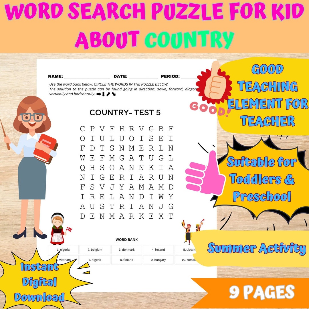 Country Name Word Search Puzzle for Kid | 80 Words in Puzzle ...