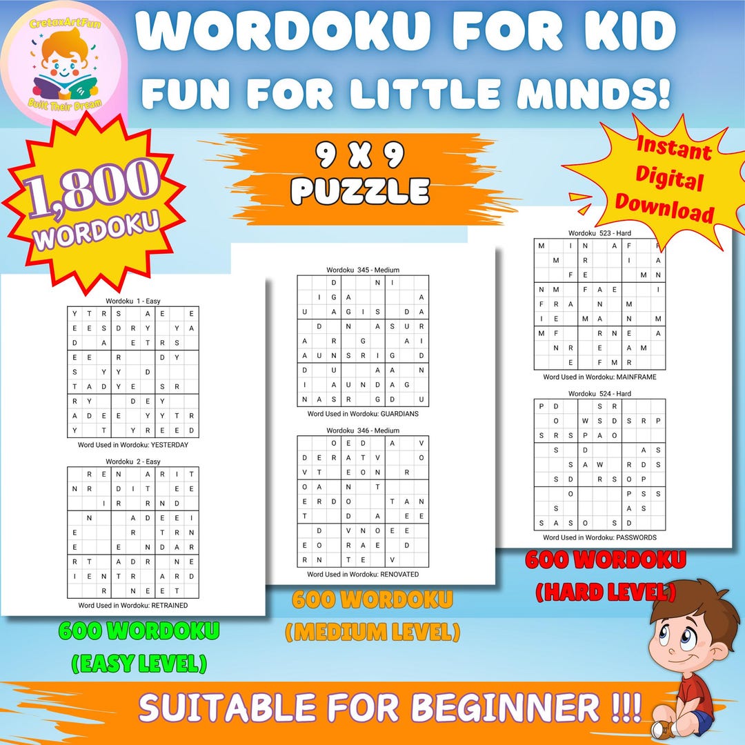 Printable Wordoku 9x9 for Kid, 1800 Puzzle With Solution, Easy, Medium ...