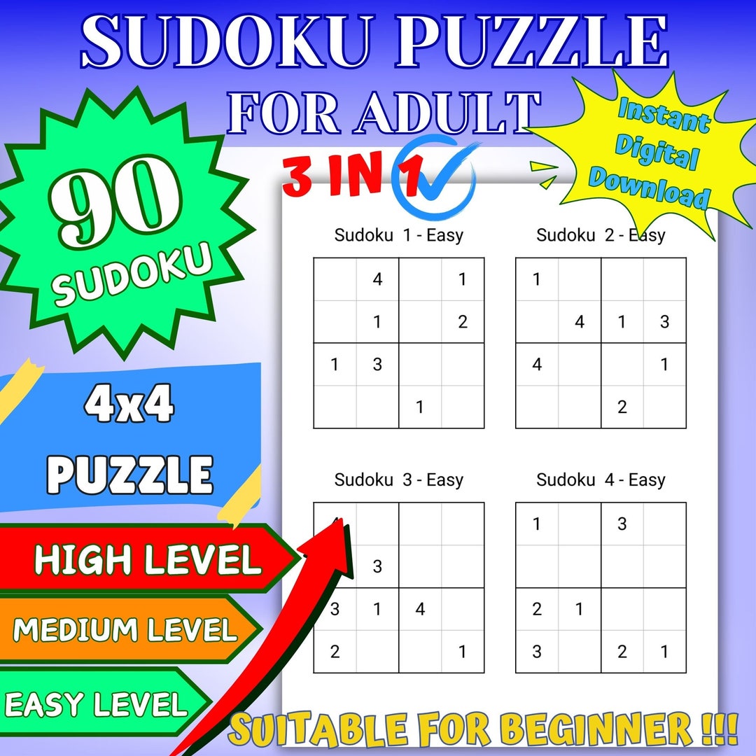 90 Sudoku Puzzles 4x4 for Adult | Easy, Medium, Hard Level | Brain ...