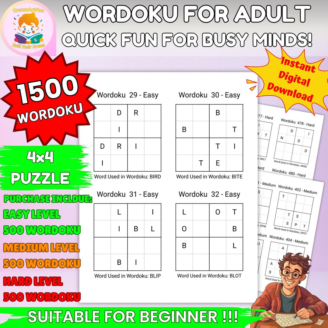 Printable Wordoku 4x4 for Adult, 1500 Puzzle With Solution, Easy ...