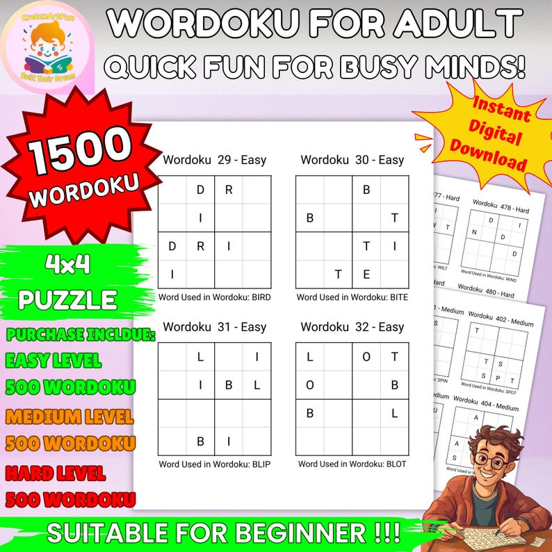 Printable Wordoku 4x4 for Adult, 1500 Puzzle With Solution, Easy ...