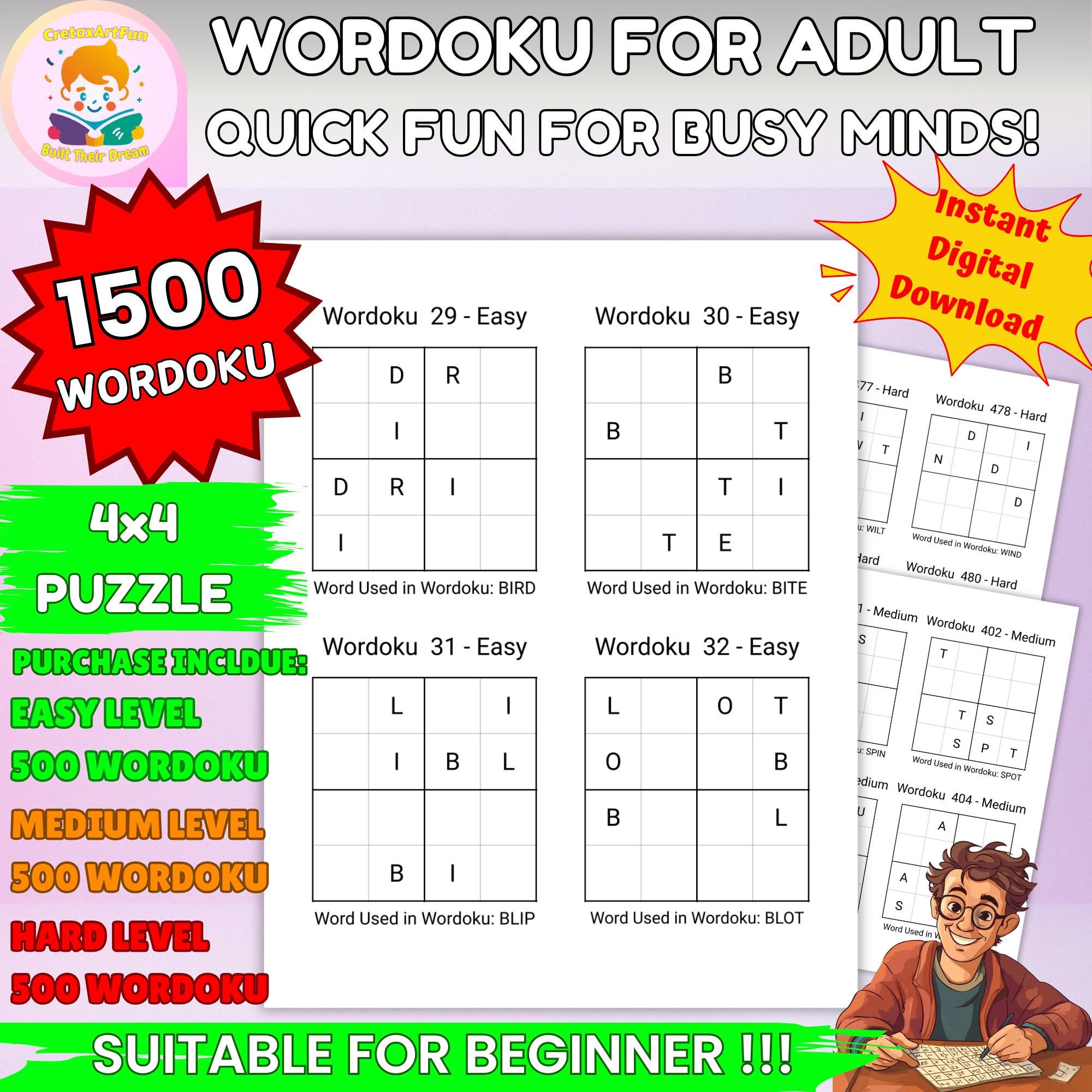Printable Wordoku 4x4 for Adult, 1500 Puzzle With Solution, Easy ...