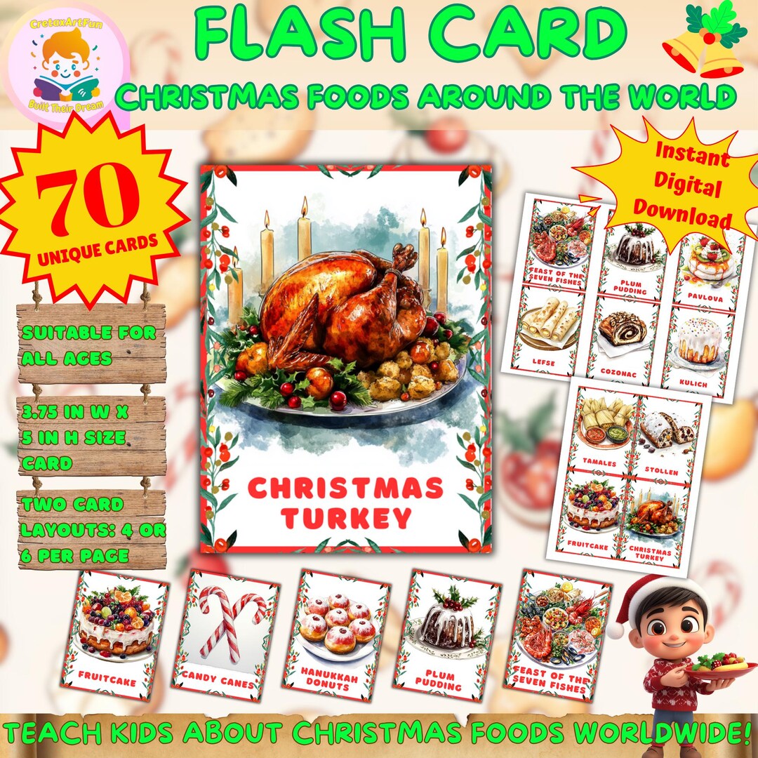 Christmas Foods Around the World Flash Cards, 70 Unique Cards, Perfect ...