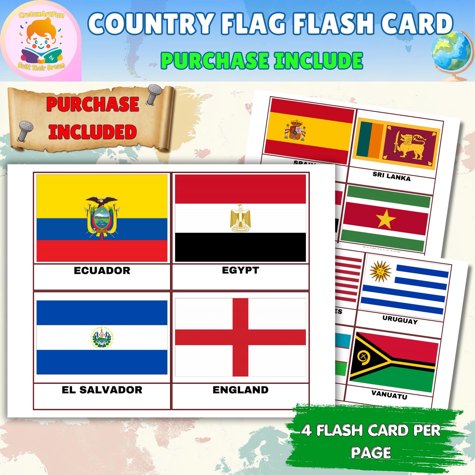 Country Flag Flashcard for Kid, 203 Printable Card, Geography Learning ...